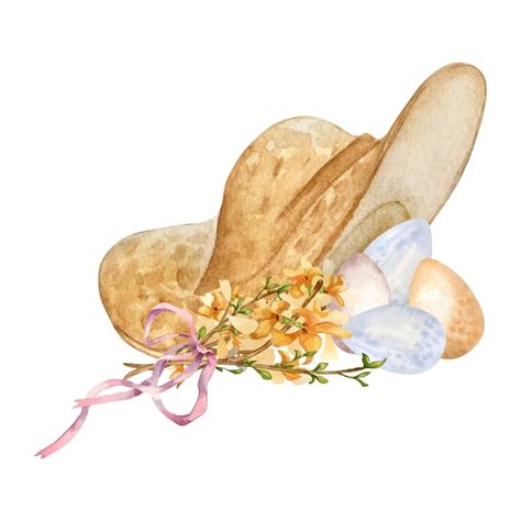 Sombrero De Paja De Acuarela Con Ilustraciones De Huevos De Pascua