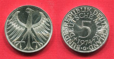 Bundesrepublik Deutschland 5 DM Silber Kursmünze 1974 G Silberadler unc