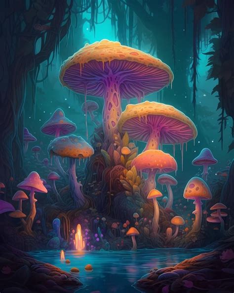 Premium AI Image A Painting Of Mushrooms In A Forest With A Lit