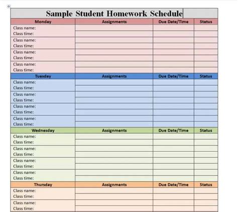 Free Homework Schedule Templates In Word Excel Formats Excel