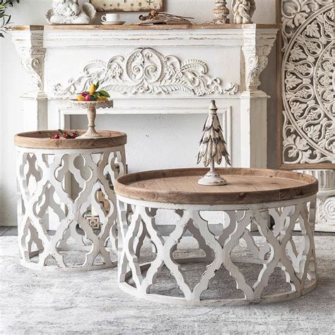 White Round Coffee Table With Tray Tabletop Wooden Carved Accent Table