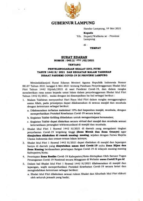 Surat Edaran Gubernur Lampung Tentang Penyelenggaraan Shalat Idul Fitri