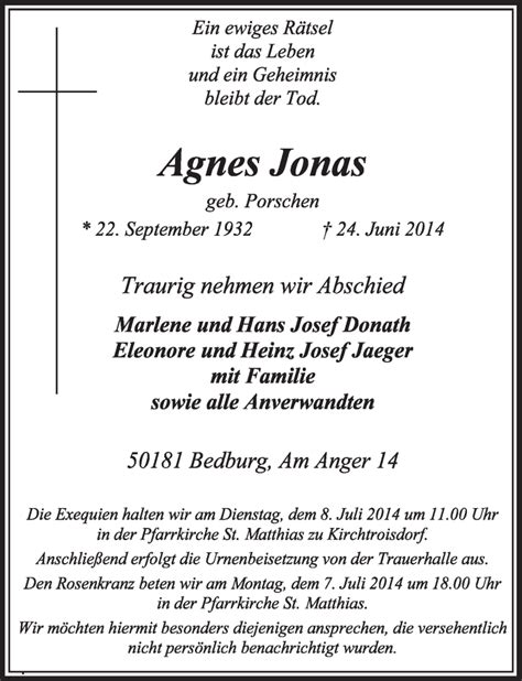 Traueranzeigen Von Agnes Jonas WirTrauern