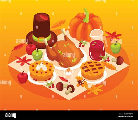 Thanksgiving Table Isometric Composition With Traditional American Food Turkey Pie Pumpkin