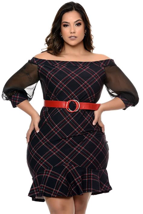Vestido Plus Size Decote Canoa Xadrez Vk Moda Plus Size
