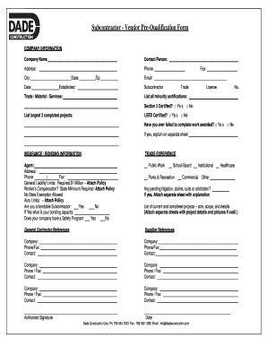 Fillable Online Subcontractor Qualification Xls Fax Email Print PdfFiller