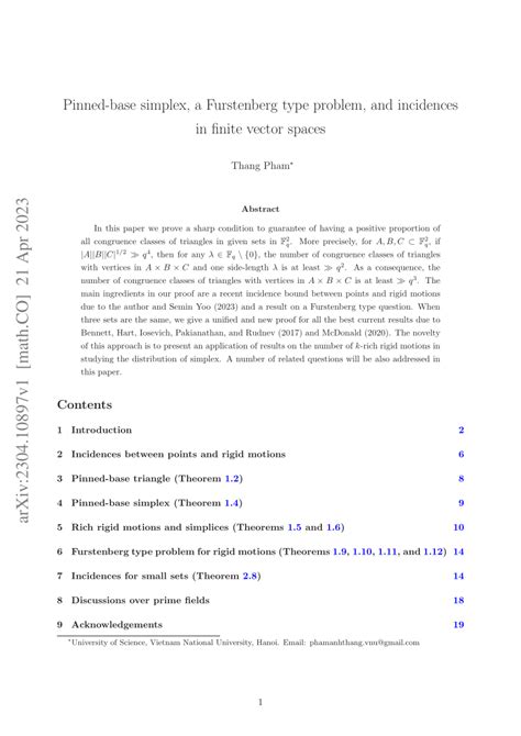 pdf pinned base simplex a furstenberg type problem and incidences in finite vector spaces
