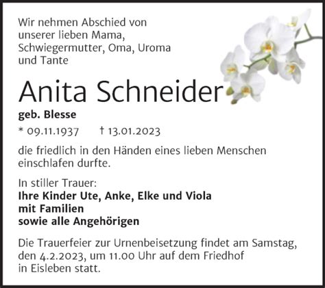 Traueranzeigen Von Anita Schneider Abschied Nehmen De
