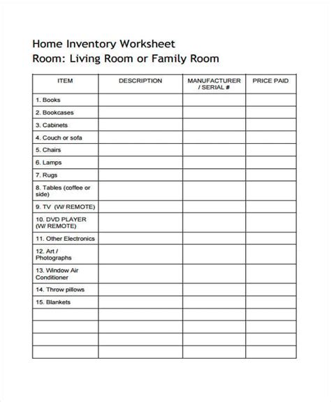 Home Inventory Templates Free Printable