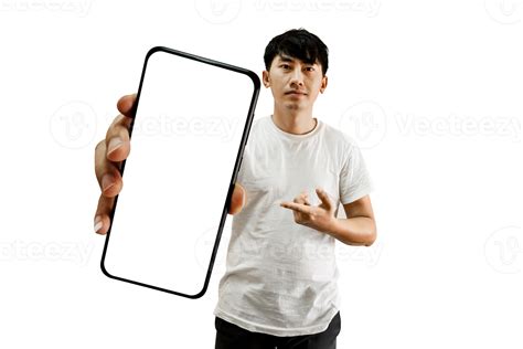 Asian Man Hand Pointing At Empty White Smartphone Screen 18742755 PNG