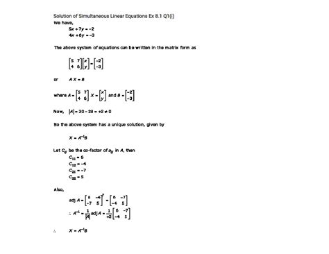 solution exercise 1 chapter 8 solution of simultaneous linear equations class 12 maths notes