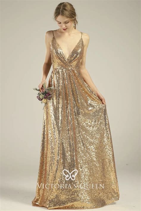 Gold Sequin V Neck Spaghetti Straps Shirred Bridesmaid Dress Vq