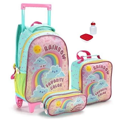 Kit Mochila Arco Iris Infantil Escolar Em Rodinhas Tam G Seanite