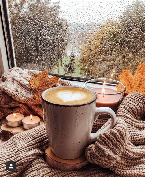 A Cup Of Coffee Sitting On Top Of A Window Sill Next To Autumn Leaves