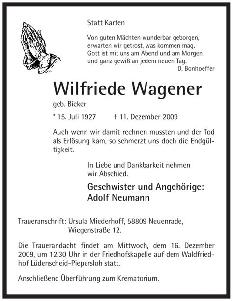 Traueranzeigen Von Wilfriede Wagener Trauer In NRW De