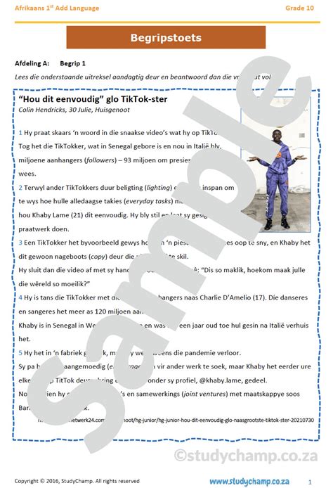 Grade 10 Afrikaans Year End Exam Revision Begrip En Taal