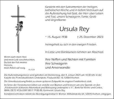 Traueranzeigen Von Ursula Rey Aachen Gedenkt