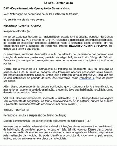 Referência para uma Petição Recurso Administrativo de Multa Modelo