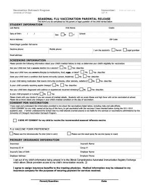 Fillable Online Seasonal Flu Vaccination Parental Release University