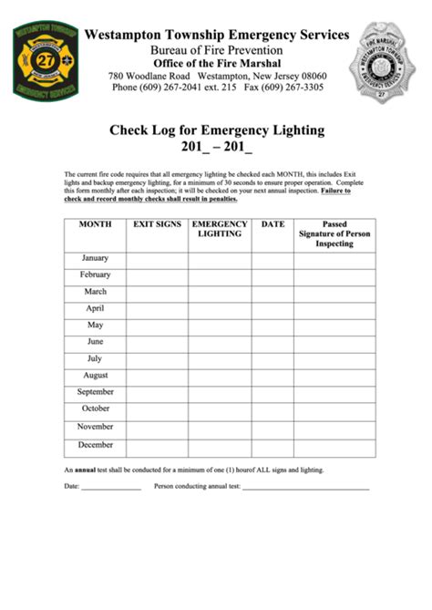 Free Printable Emergency Lighting Test Log Template Printable