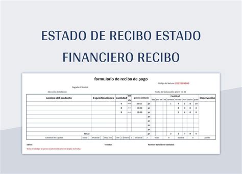 Plantilla de Excel Recibo De Recibo Estado Financiero y Hoja de Cálculo