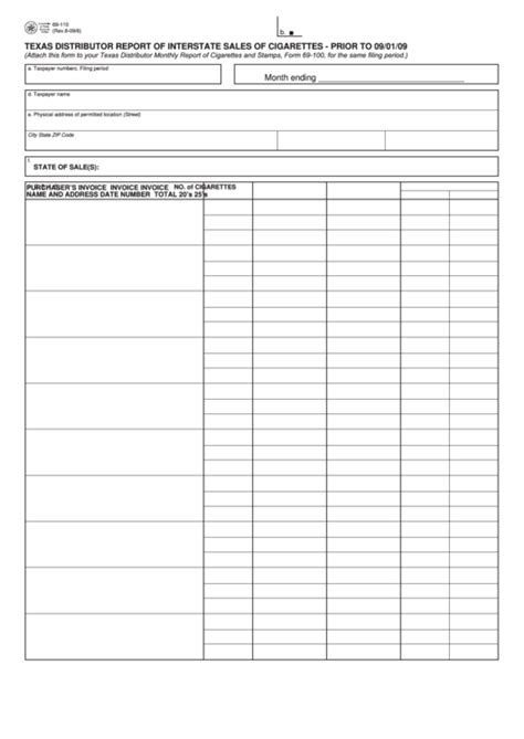 Fillable Form 69 110 Texas Distributor Report Of Interstate Sales Of