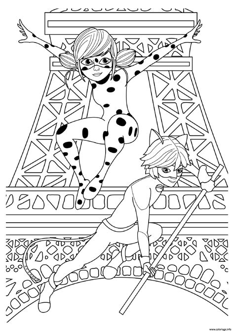Coloriage Miraculous Et Chat Noir Devant La Tour Effeil Jecolorie