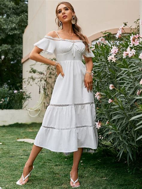 Simplee Vestido ombro frio inserção de renda de guipura bainha
