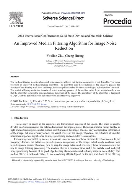 pdf an improved median filtering algorithm for image noise reduction