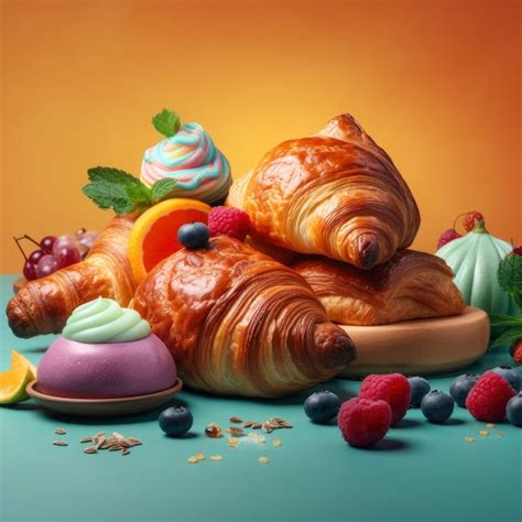 Una imagen de un croissant con un fondo azul y un montón de fruta