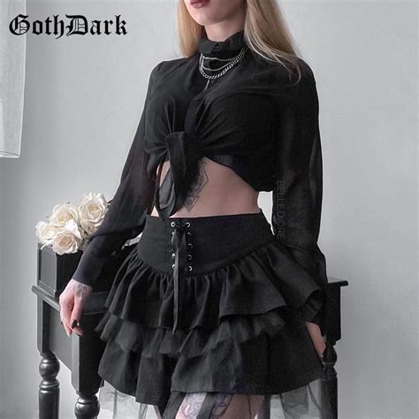 Buy Goth Dark Gothic Pleated Lace Up Mini Skirts Mall Goth Mesh Patchwork Women Sexy Skirt High