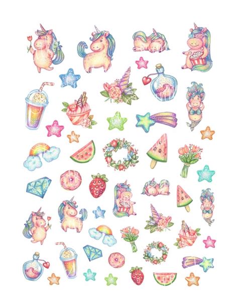 Rainbow Unicorn Printable Stickers Kawaii Stickers Unicorn