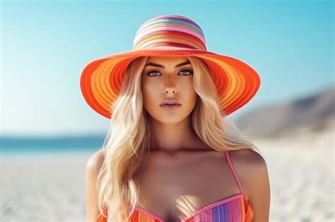 Un Mujer Llevando Un Sombrero En La Playa Foto Premium