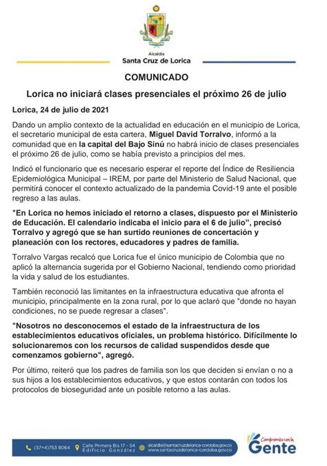 Alcald A De Lorica On Twitter Deinter S Comunicado De Prensa Sobre