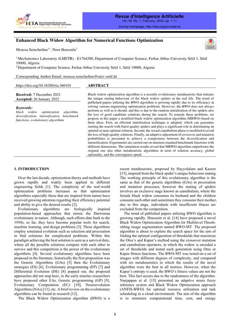 pdf enhanced black widow algorithm for numerical functions optimization