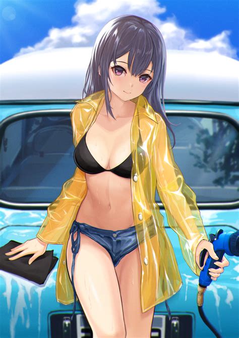 The Big Imageboard Tbib 1girl Bikini Bikini Under Clothes Black Bikini Black Hair Blue Sky