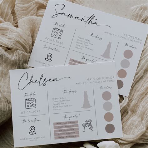 Bridesmaid Info Card Template Minimalist Bridal Party Info Etsy