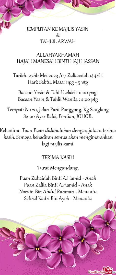 JEMPUTAN KE MAJLIS YASIN Free Cards