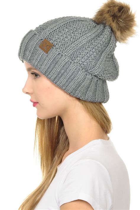 C C Yj Thick Cable Knit Hat Faux Fur Pom Pom Fleece Lined Cuffed