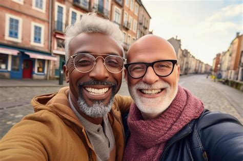 Premium AI Image Couple Of Interracial Senior Gay Travellers Taking