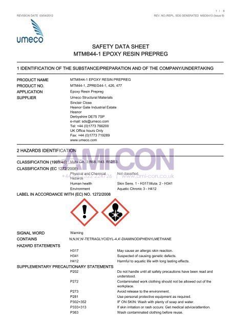 safety data sheet mtmÂ44 1 epoxy resin prepreg AMI CON