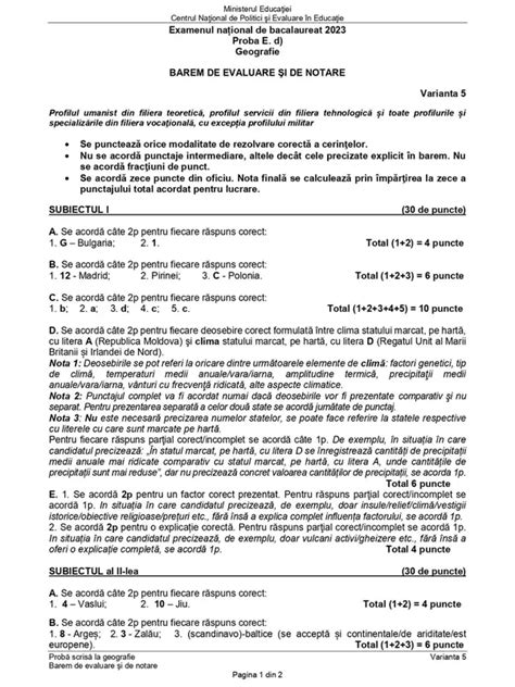 Baremul De Corectare Pentru Proba De Geografie Bacalaureat A Fost