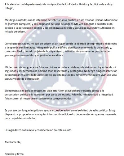Modelo Carta de Asilo Político en EEUU Guía 2024