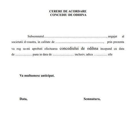 Cerere Concediu Model Cerere Concediu De Odihna Si Fara Plata