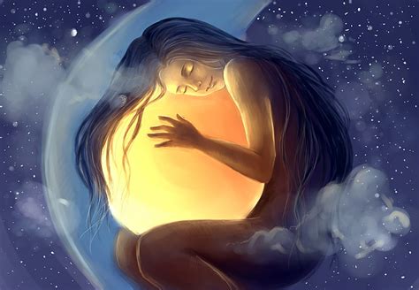 Mujer abrazando luna gráfico niña estrellas nubes bola sueño arte