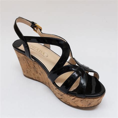 Prada Patent Leather And Cork Wedge Sandals