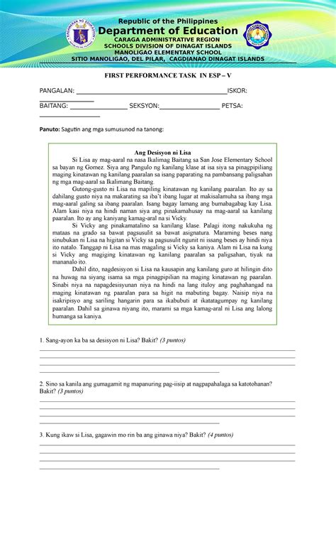 Grade 5 Performance Task In ESP Modules 1 3 Republic Of The