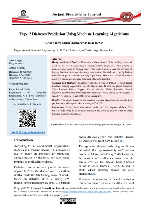 pdf type 2 diabetes prediction using machine learning algorithms jorjani biomedicine journal
