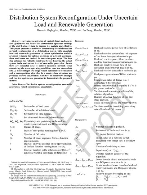 pdf distribution system reconfiguration under uncertain load and renewable generation