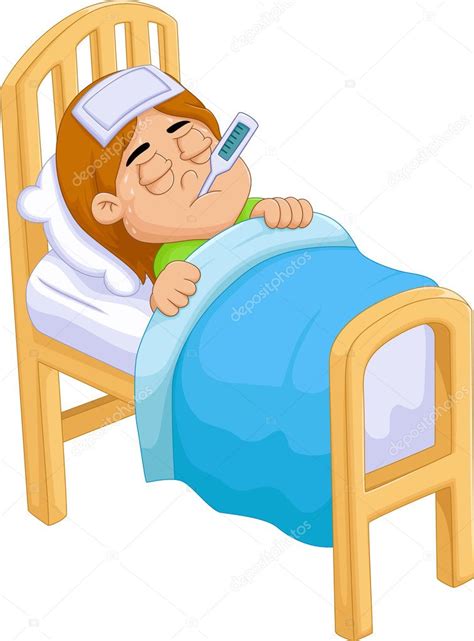 Imágenes enferma en cama niña enferma de dibujos animados en la cama